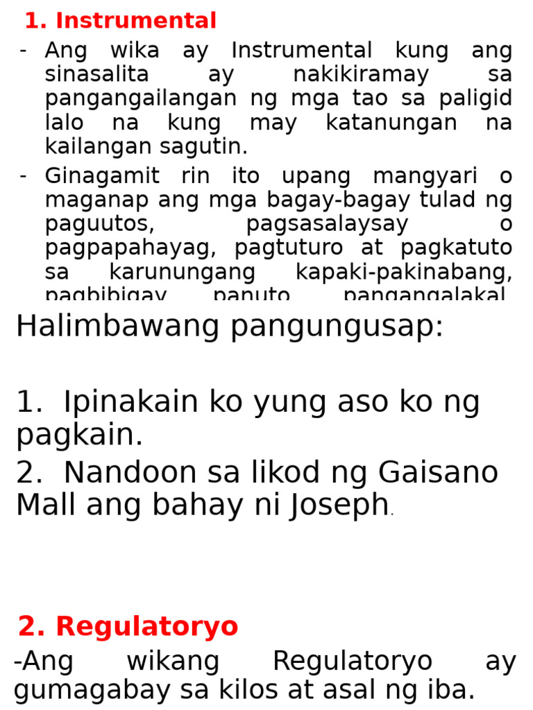 Gamit ng Wika: Instrumental at Regulatoryo | PDF