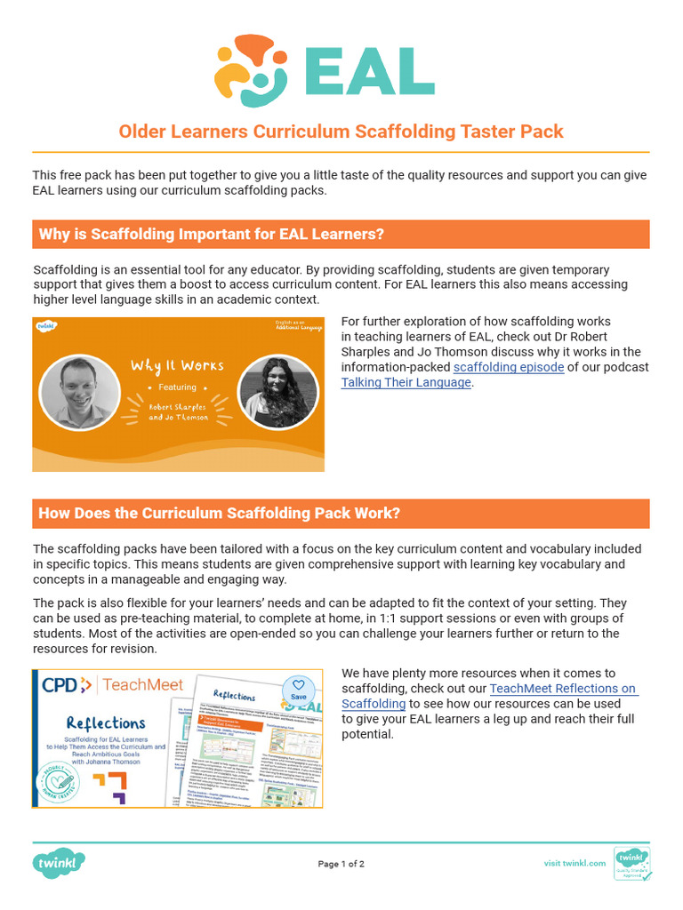 Older Learners EAL Curriculum Scaffolding Taster Pack Information | PDF