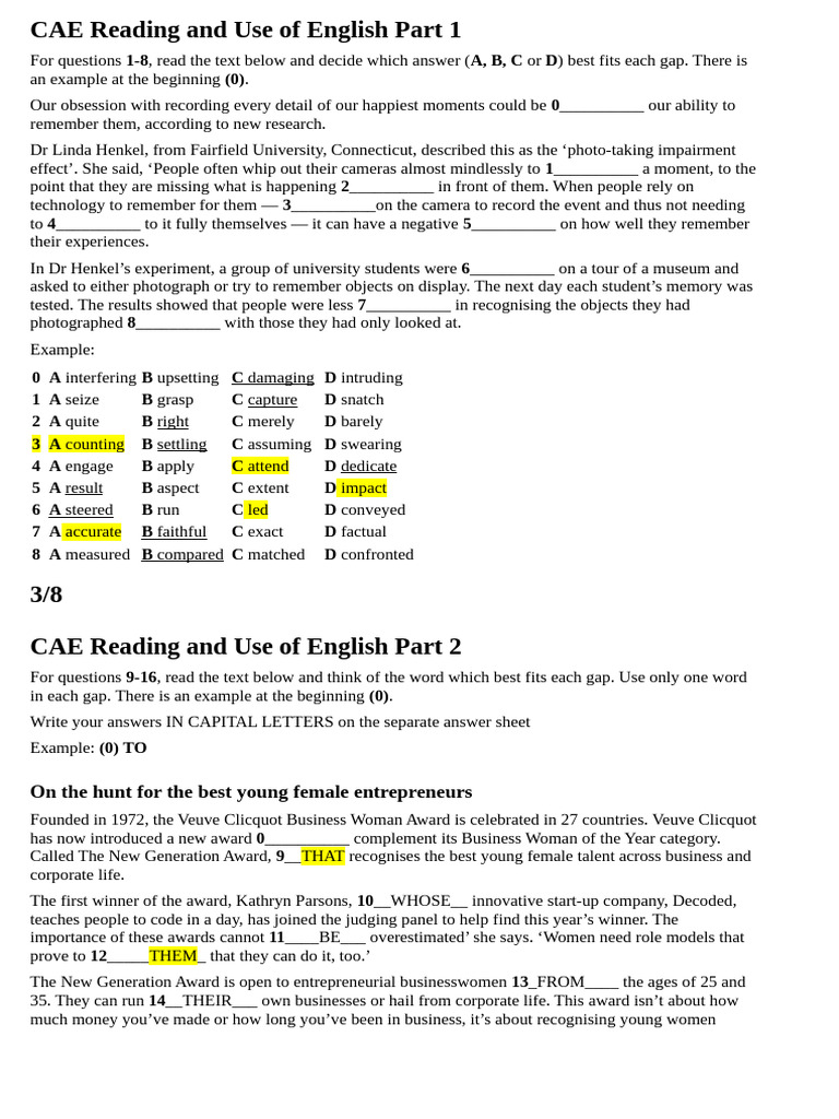 Marta Homework Week 7 Reading and Use of English Parts 1-3 Practice ...