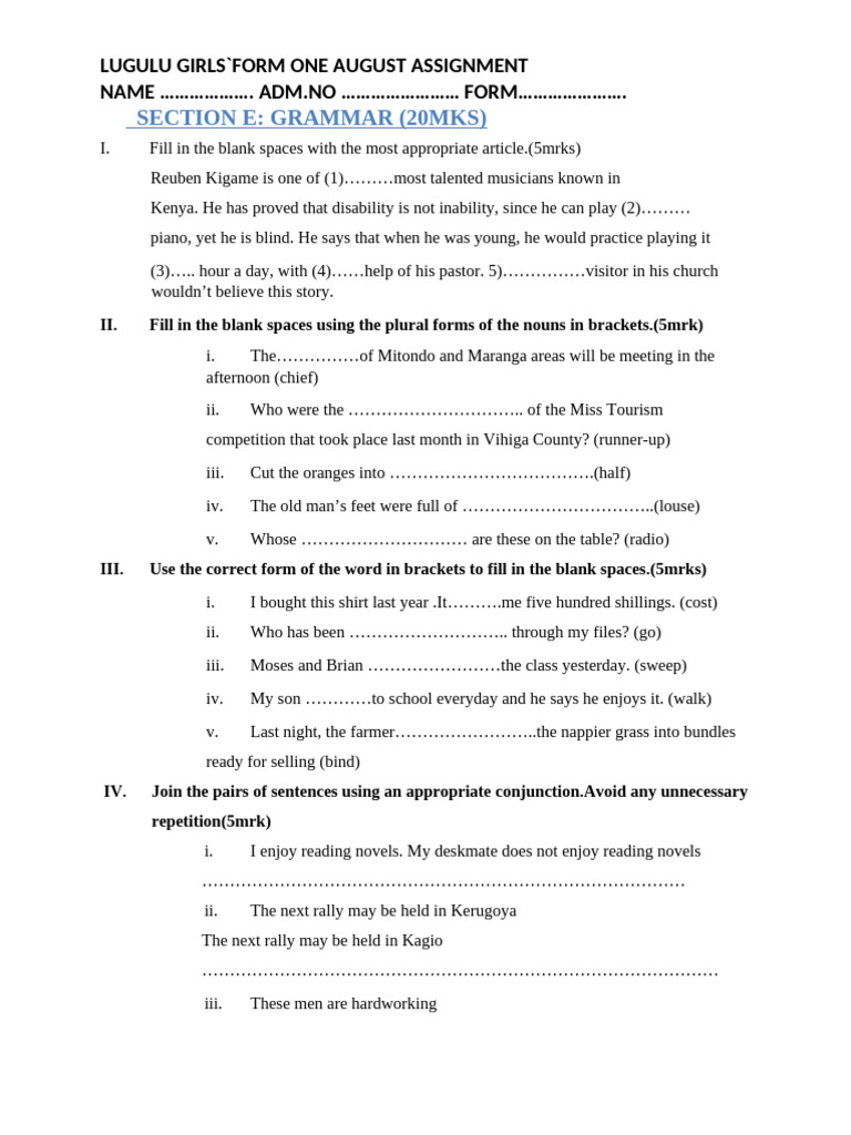 Lugulu Girls' Form One English Holiday Assignment. | PDF | Morphology ...