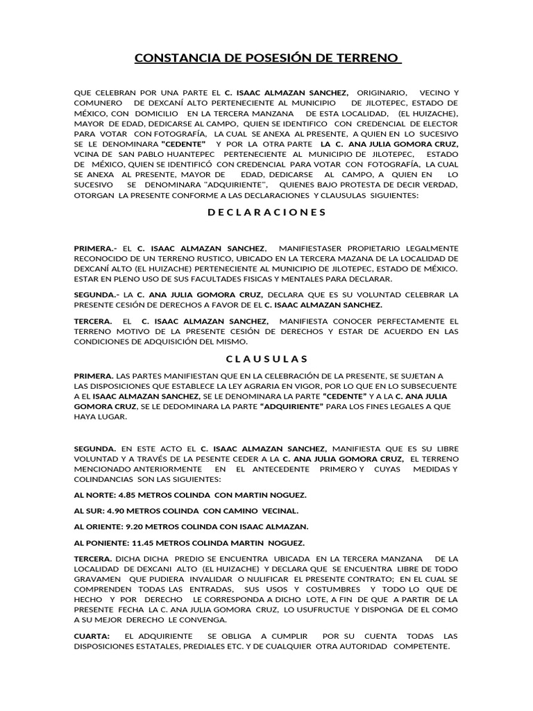 Constancia de Posesión de Terreno | PDF