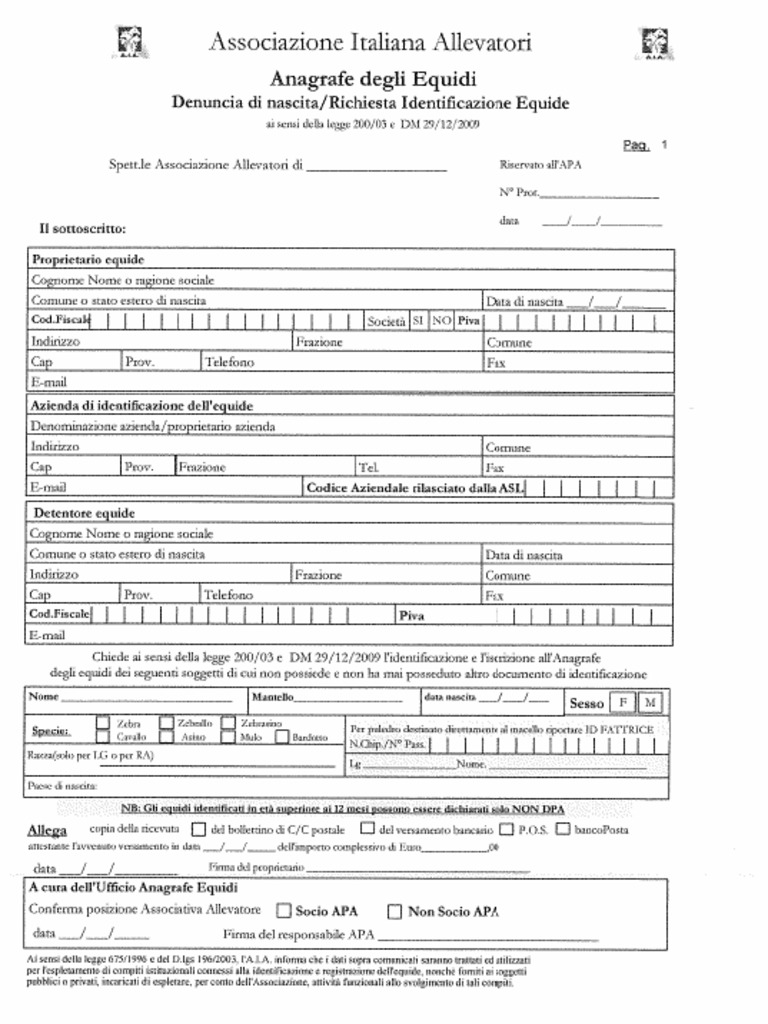 Scheda Denicia Nascita Equide | PDF