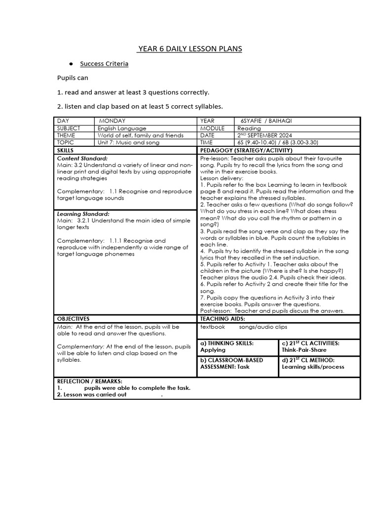 Abd Rahman Year 6 Daily Lesson Plans Week 24 | PDF