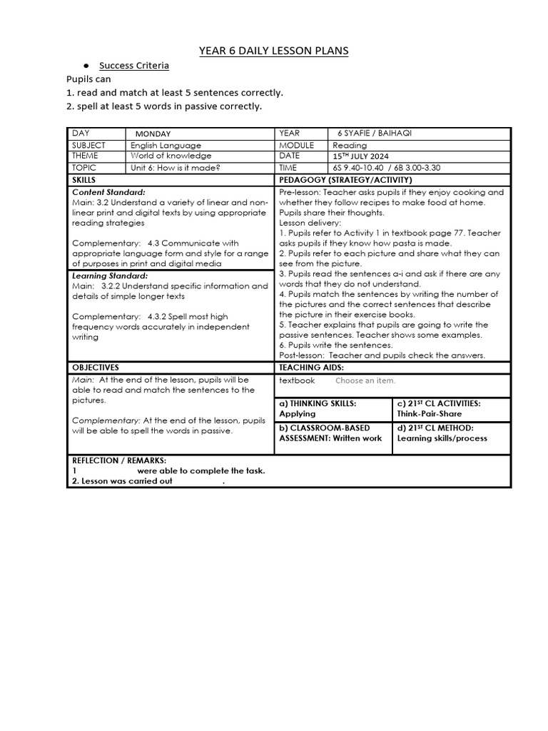 Abd Rahman Year 6 Daily Lesson Plans Week 17 | PDF