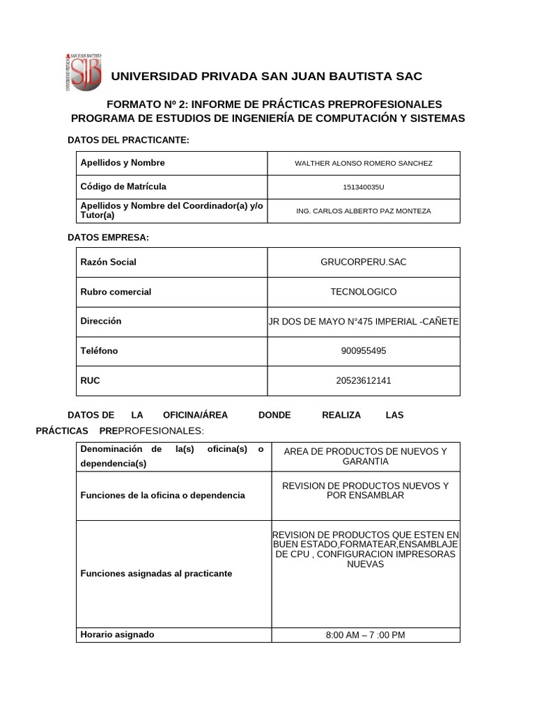 Formato #2 - Informe de Prácticas Preprofesionales | PDF