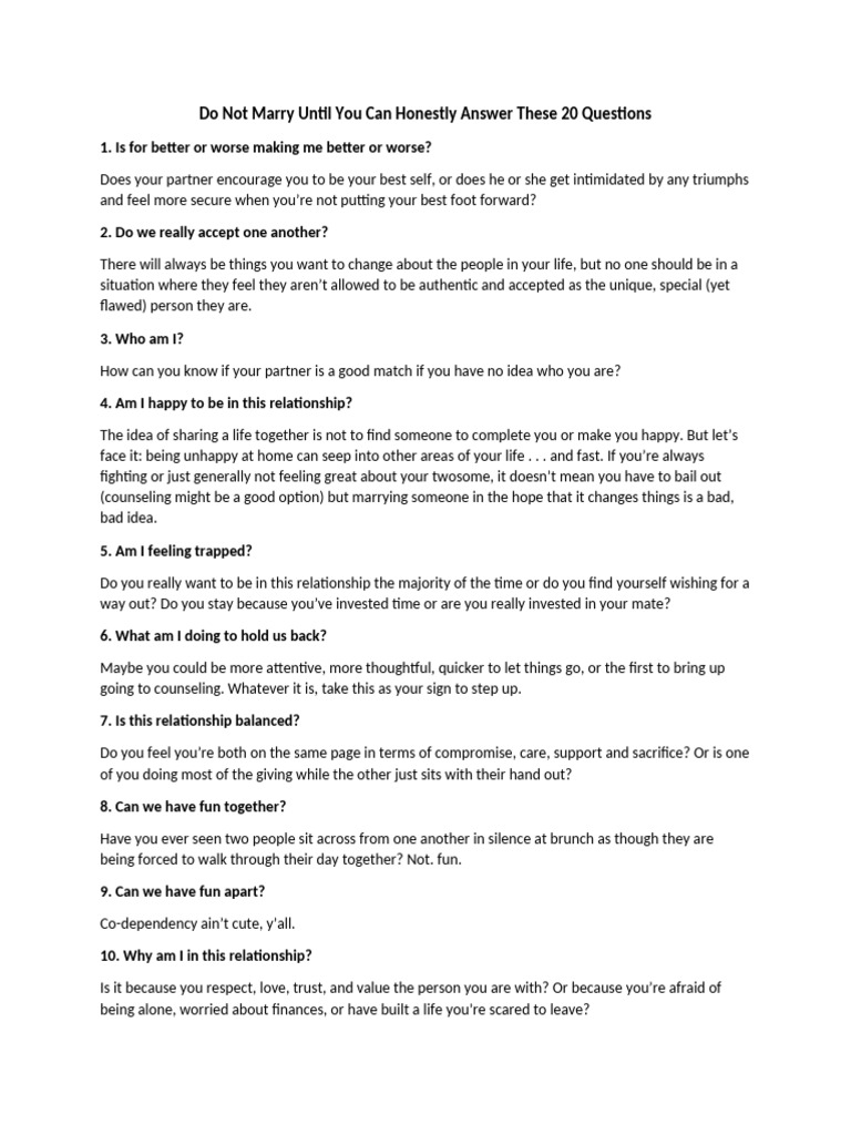 Do Not Marry Until You Can Honestly Answer These 20 Questions For Me | PDF
