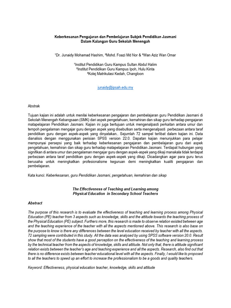 Keberkesanan PDP Pendidikan Jasmani Dalam Kalangan Guru Sekolah ...