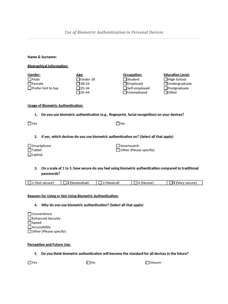 Use of Biometric Authentication in Personal Devices - BLANK | PDF