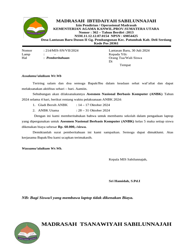 Contoh Surat ANBK 2024 | PDF