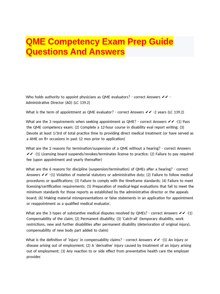 QME Competency Exam Prep Guide Questions and Answers | PDF