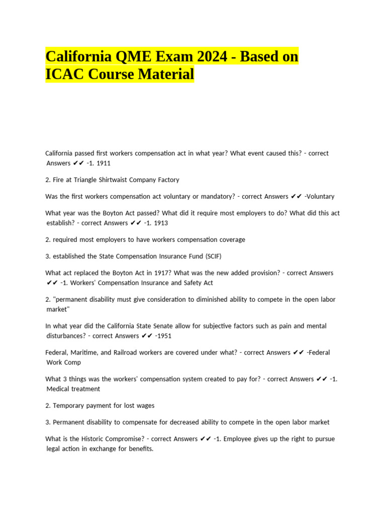 California QME Exam 2024 - Based on ICAC Course Material | PDF