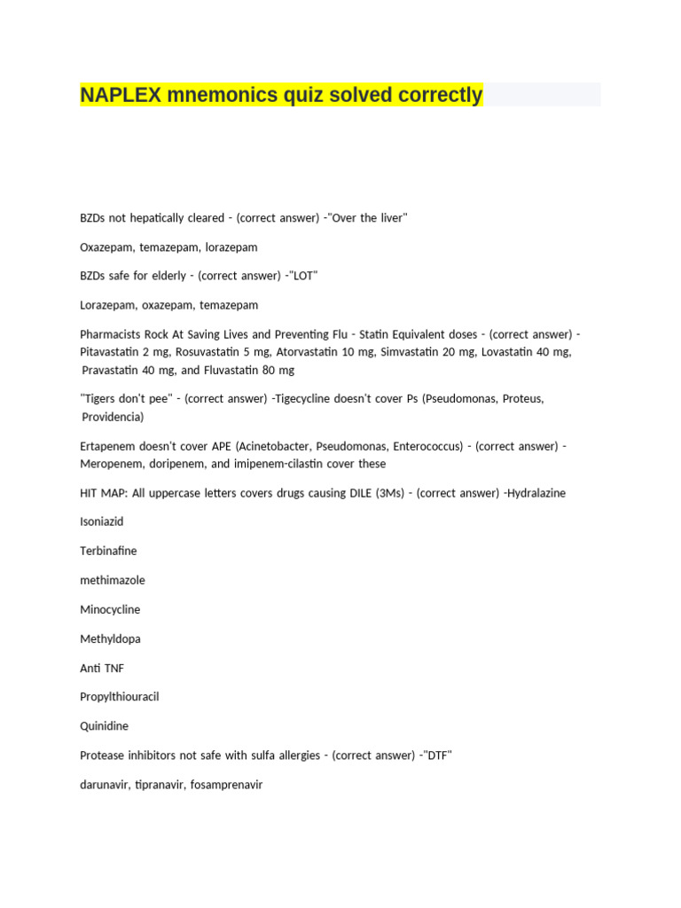 Naplex Mnemonics Quiz Solved Correctly Pdf