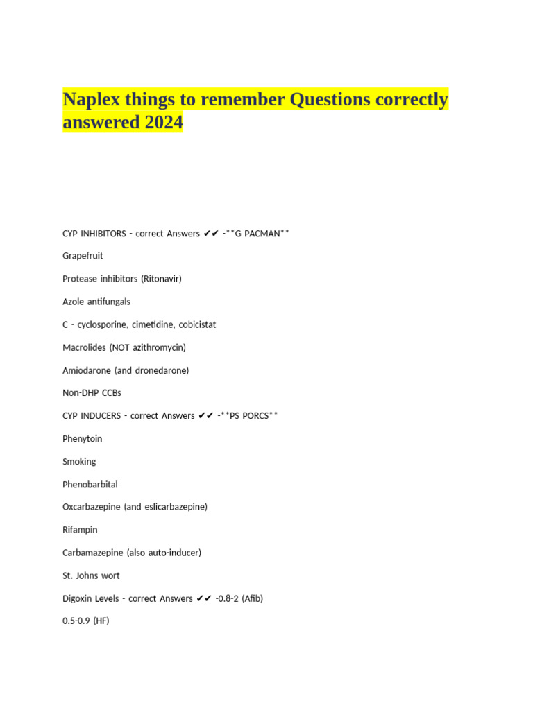 Naplex Things To Remember Questions Correctly Answered 2024 | PDF