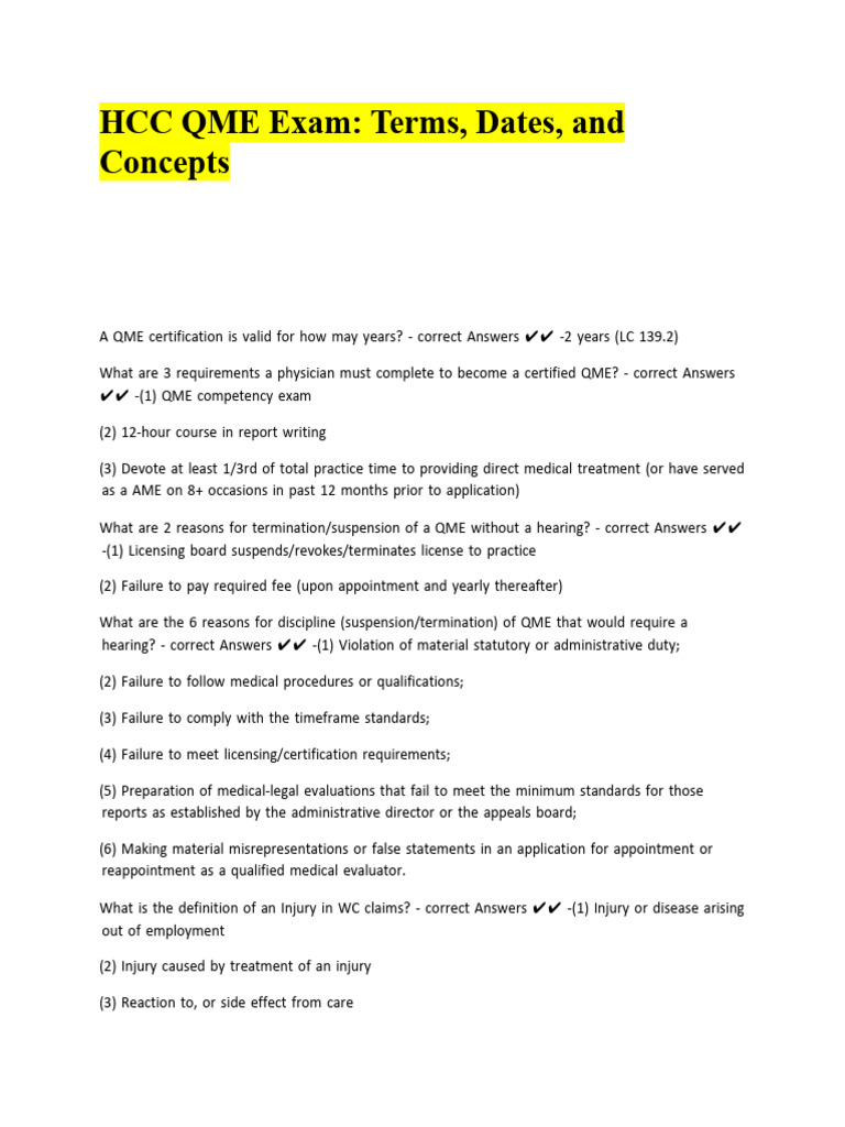 HCC QME Exam Terms, Dates, and Concepts Questions Answers | PDF