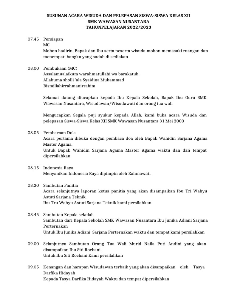 Susunan Acara Wisuda Dan Pelepasan Siswa | PDF