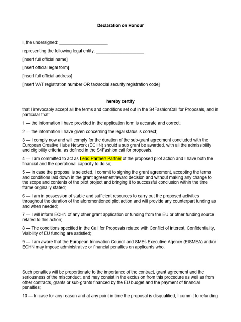 Shannon - S4Fashion Call For Proposals - Declaration On Honour | PDF