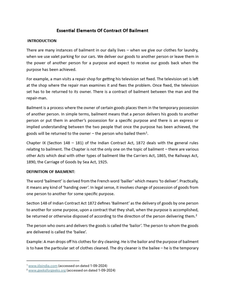 Appraisal of Essential Elements of Contract of Bailment | PDF | Banks ...