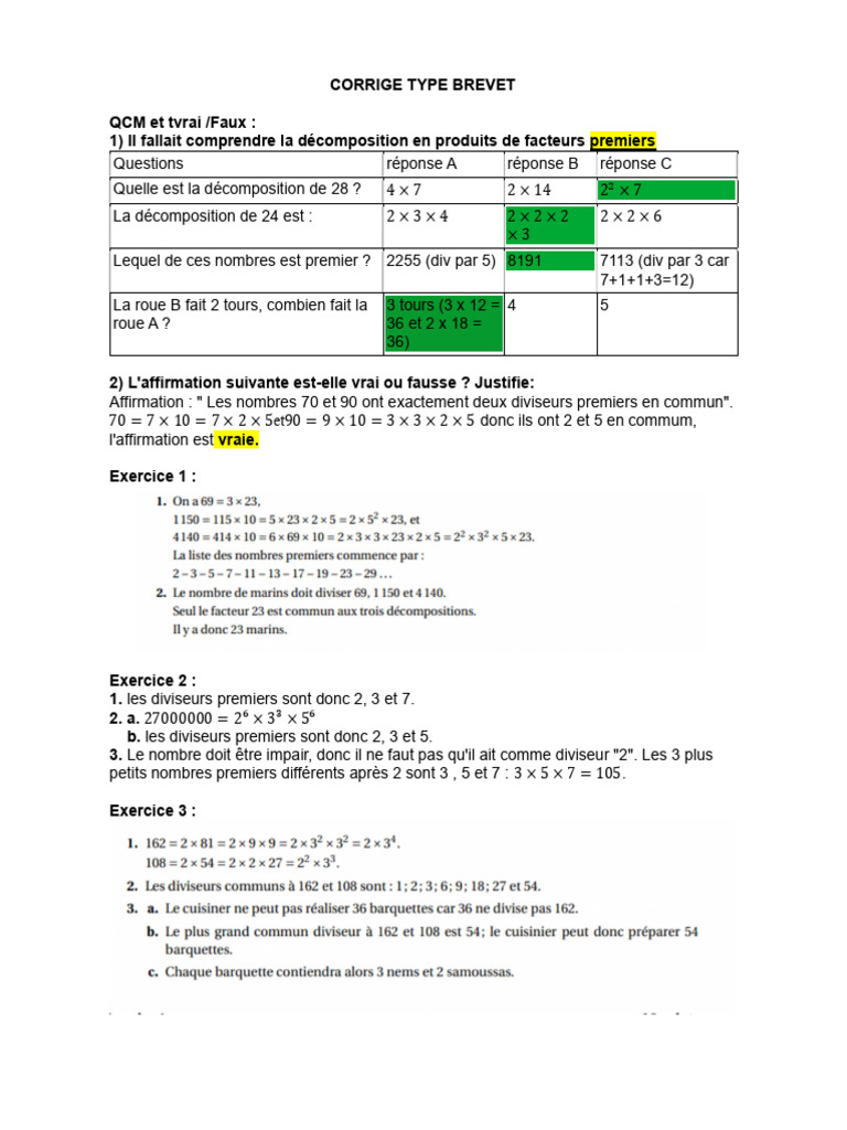 Corrigé Arithmetique Type Brevet | PDF