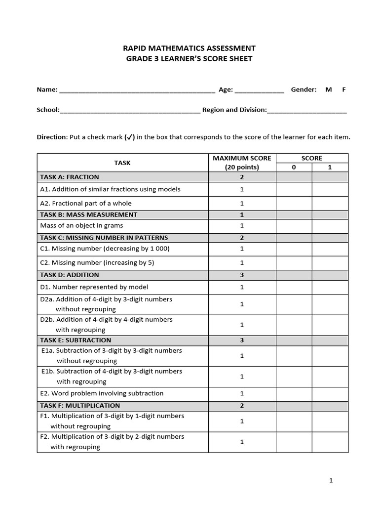 RMA2 - Grade 3 - Learner's Score Sheet - 7 June 2024 - Final | PDF