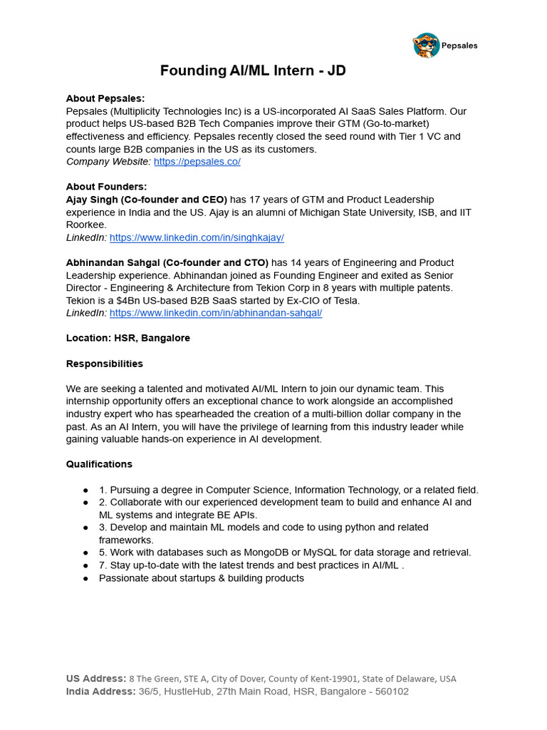 AI - ML Interns - JD | PDF