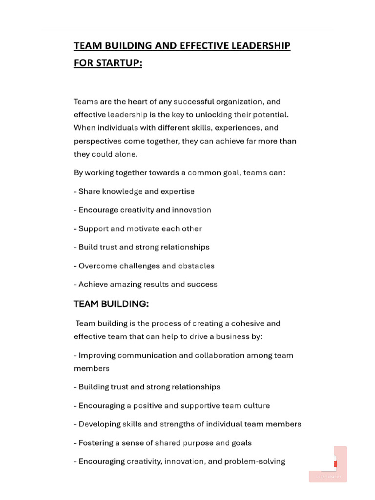Team Building and Effective Leadership For Start | PDF