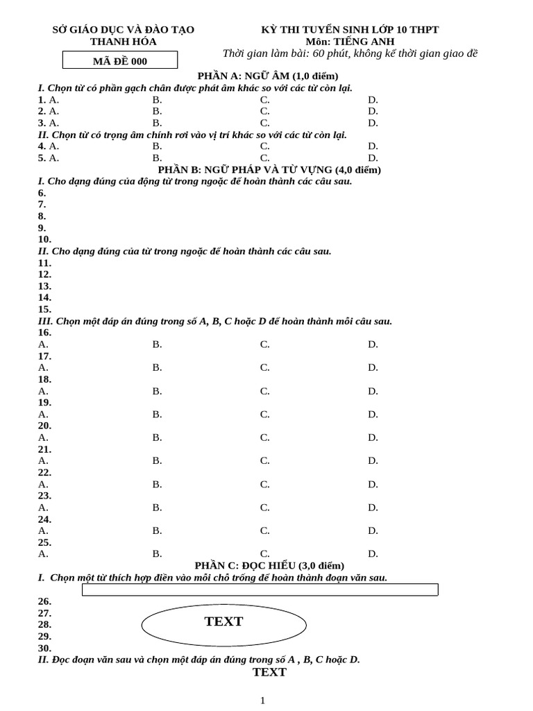 (FORM ĐỀ THI TIẾNG ANH CHUNG) THI VAO 10 THANH HÓA | PDF