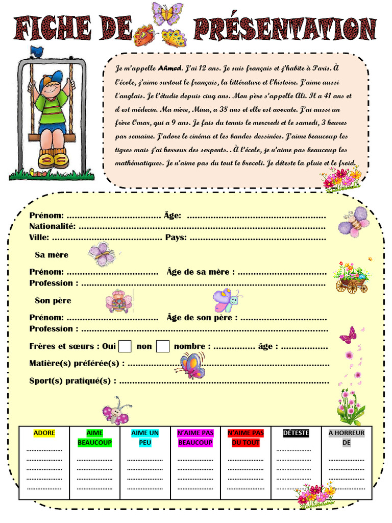 Fiche de Présentation (Fille) CE6 | PDF