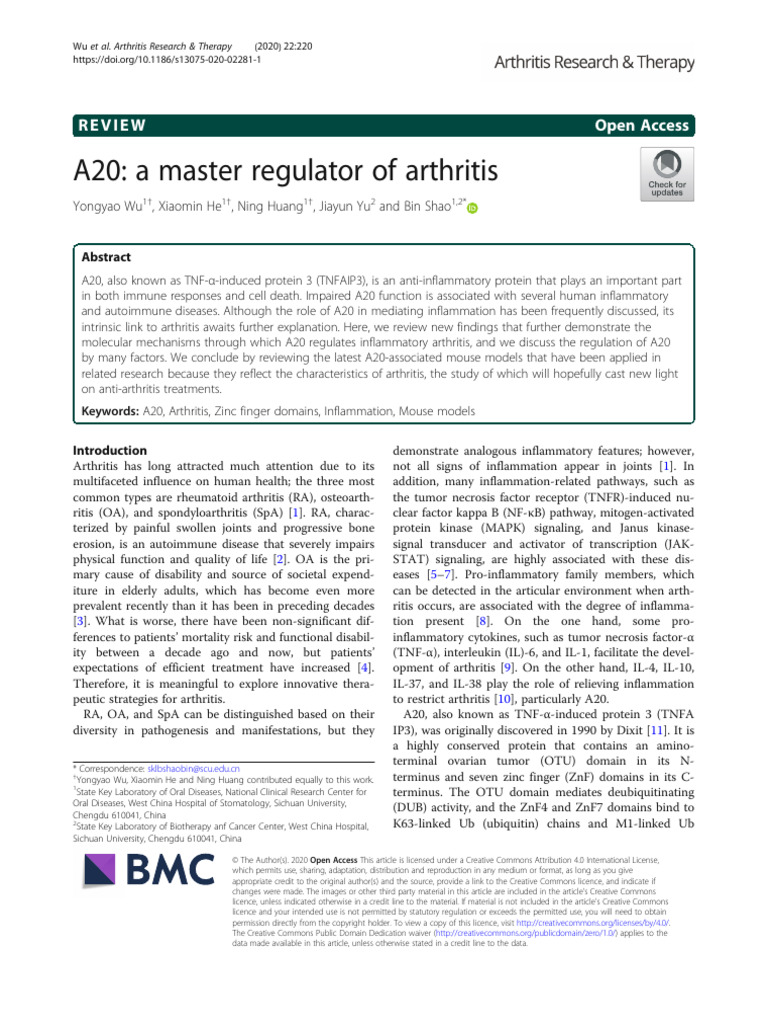 A20 A Master Regulator of Arthritis | PDF
