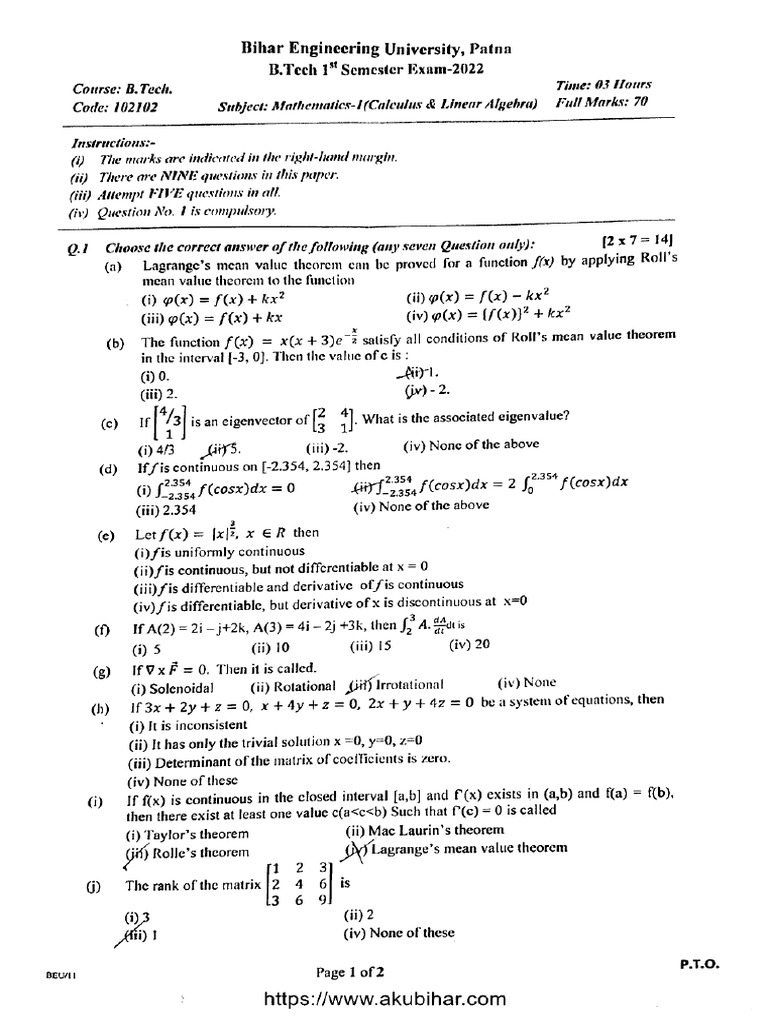 Btech 1 Sem Mathematics 1 Calculus and Linear Algebra 102102 2022 | PDF