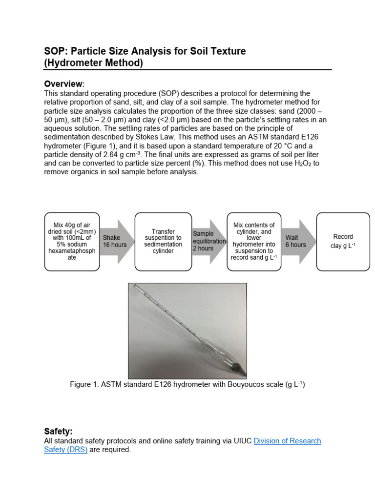 Particle Size Analysis For Soil Texture Determination Hydrometer Method UIUC Soils Lab | PDF
