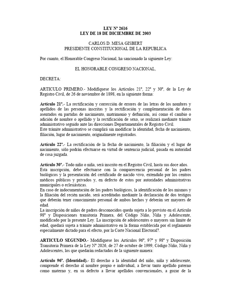 LEY 2616 - Modificaiones Al Registro Civil | PDF | Gobierno