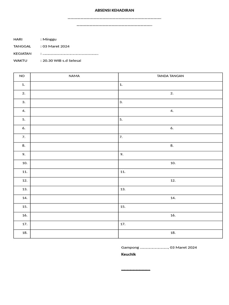 FORMAT ABSENSI KEGIATAN | PDF