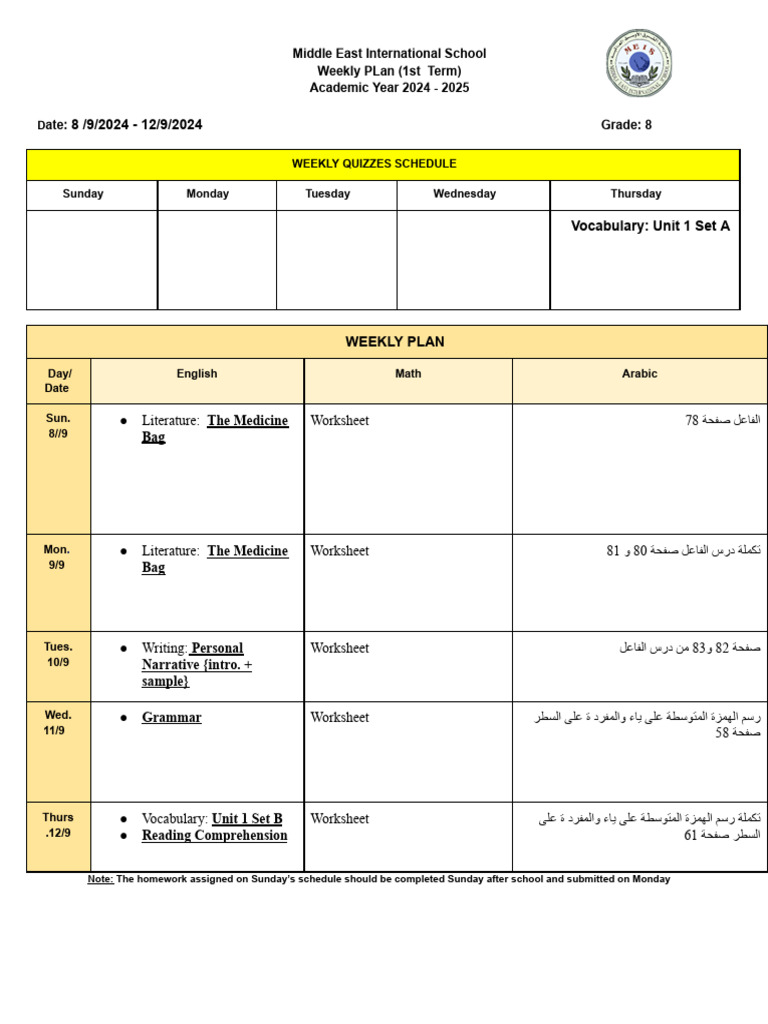 Grade 8 Weekly Plan Sep.8 | PDF