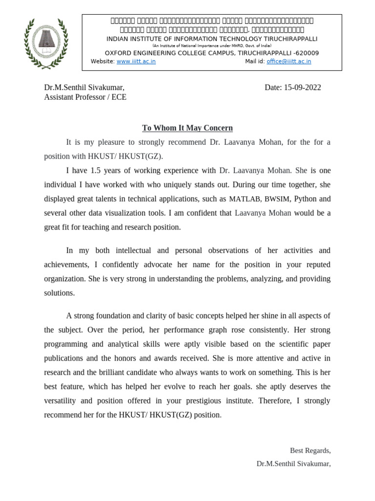 Dr.Lavanya Mohan - recommendation letter-template - Copy | PDF