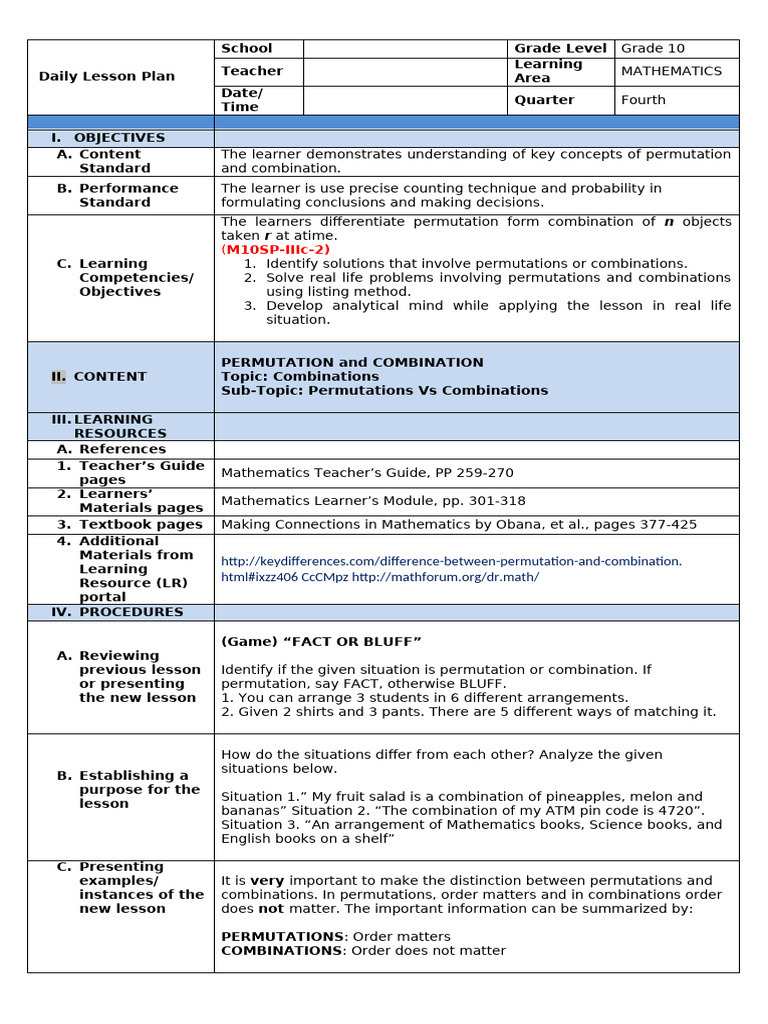 MATH 10-Lesson Plan | PDF