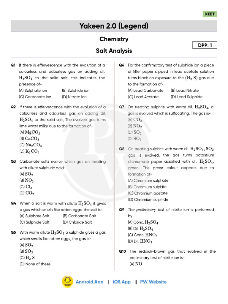 Salt Analysis - DPP 01 (Of Lec 02) Yakeen 20 2024 (Legend) | PDF