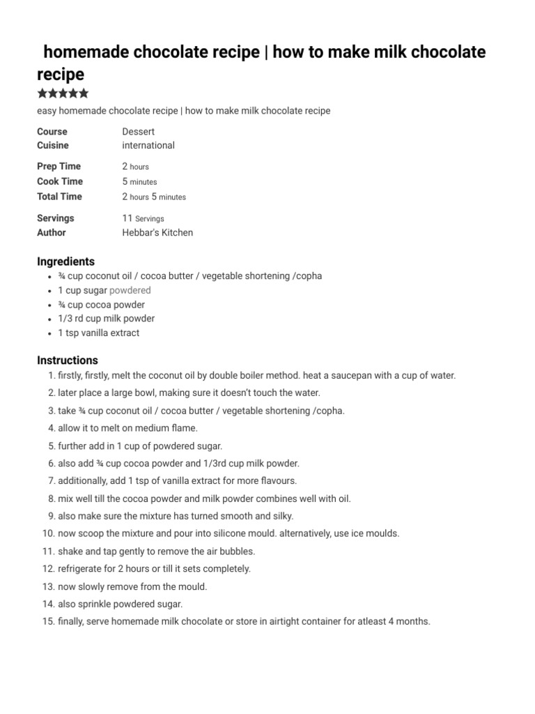 Homemade Chocolate Recipe - How To Make Milk Chocolate Recipe | PDF
