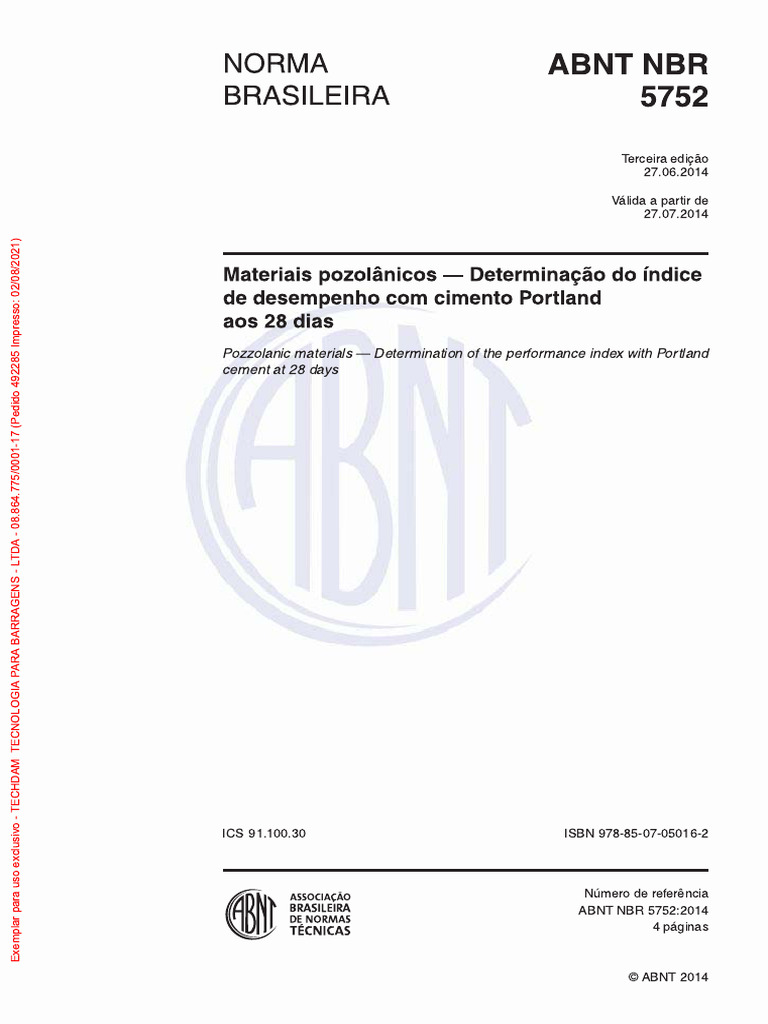 NBR 5752 - Materiais Pozolânicos - Determinação Do Indice de Desempenho ...