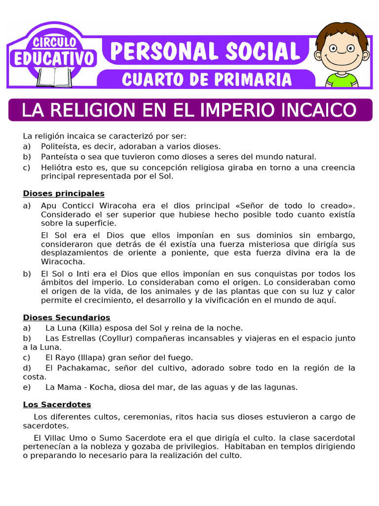 La Religion en El Imperio Incaico para Cuarto de Primaria | PDF | Imperio Inca