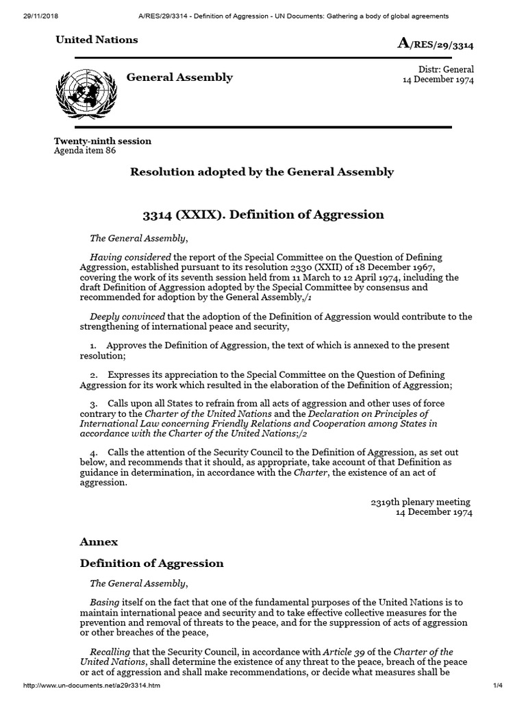 3314 (XXIX) - Definition of Aggression | PDF
