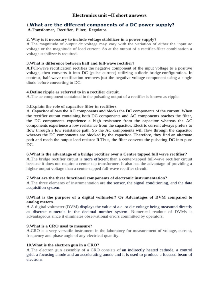 electronics unit 2 short answers | PDF