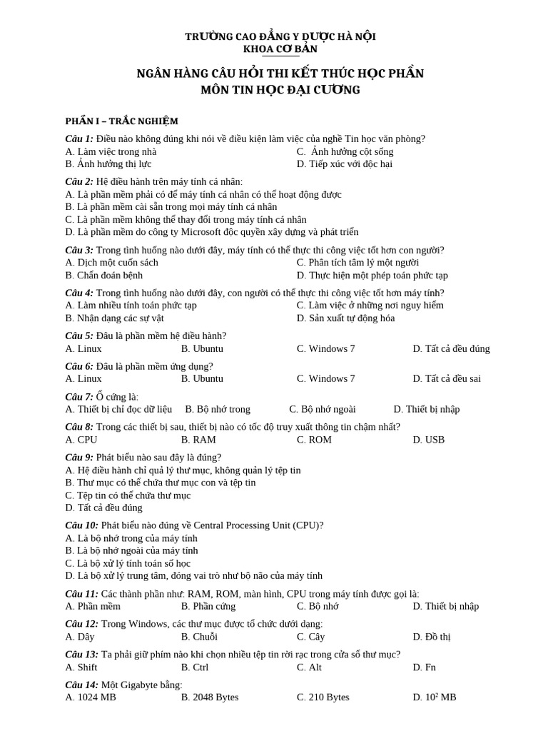 3. NGÂN HÀNG ÔN TẬP MÔN TIN HỌC K22 | PDF