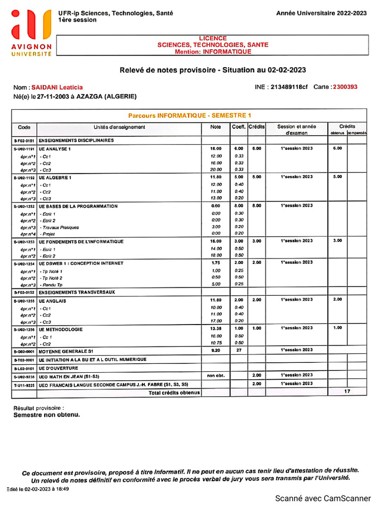 Relevé de Notes | PDF