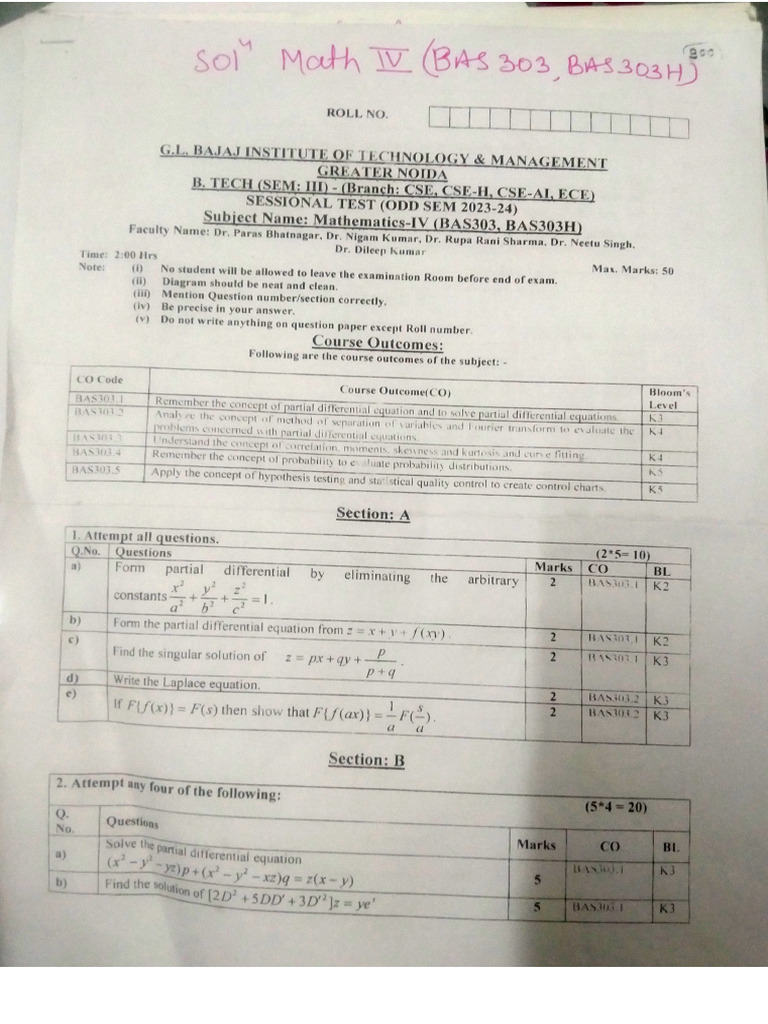 ST-1 - Set - 1 Solution - Math IV - Dr. Rupa Rani Sharma | PDF