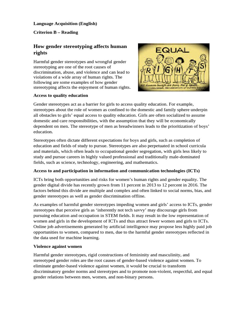 Reading Comprehension - How Gender Stereotyping Affects Human Rights | PDF