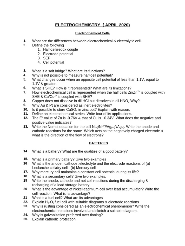 ELECTROCHEMISTRY- Worksheet | PDF