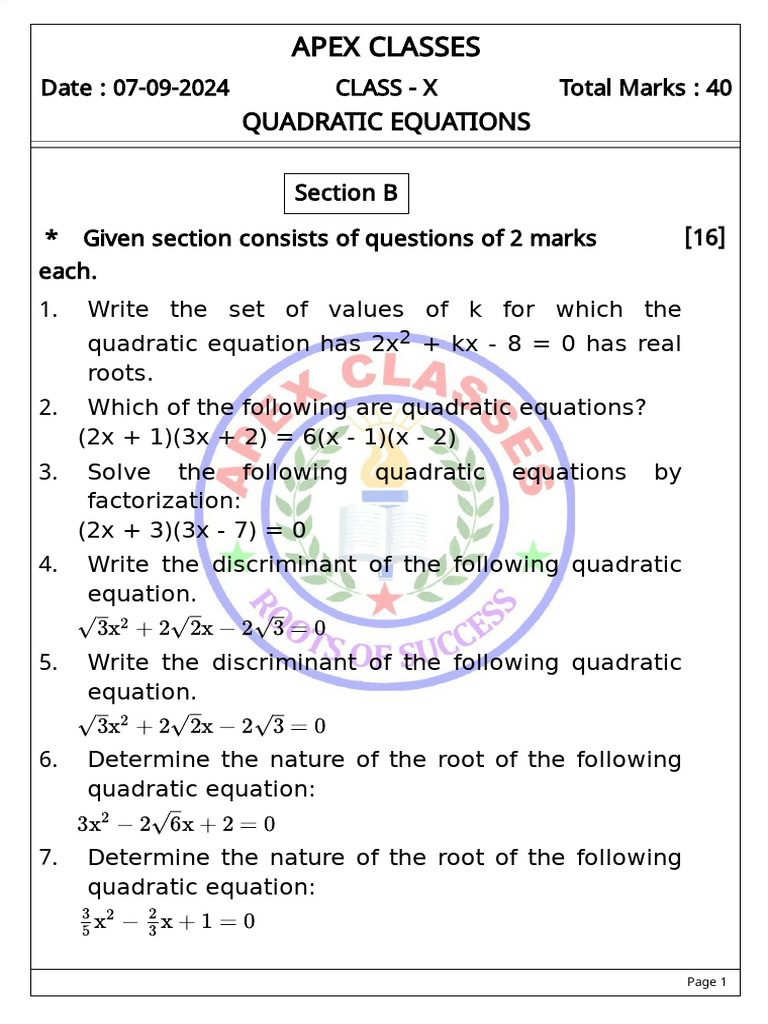 Quadratic Equations Practice Sheet 3 | PDF