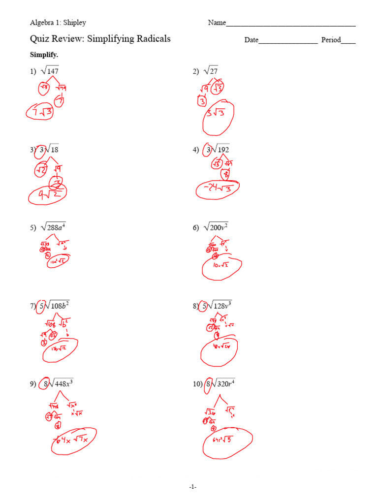 Annotated-A1 Quiz Review - Simplifying Radicals | PDF