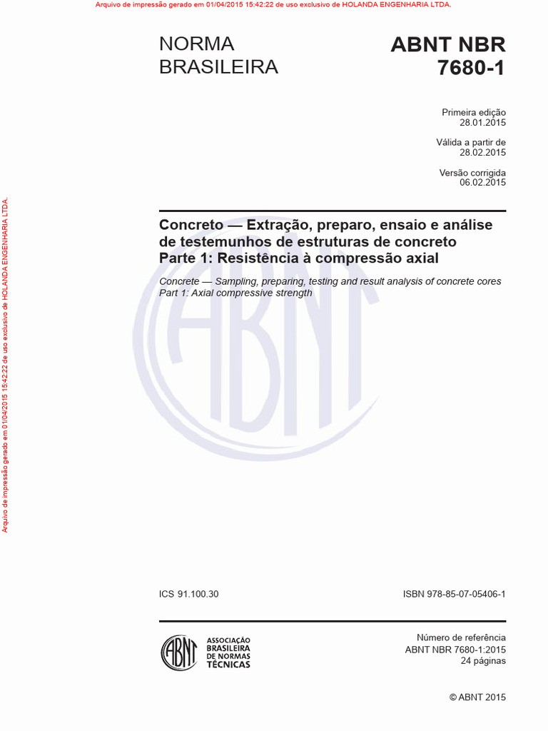 NBR 7680 - 1 - Extração, Preparo, Ensaio e Análise Testemunho de ...