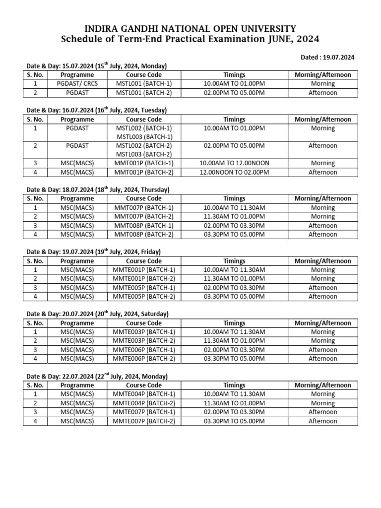 INDIRA GANDHI NATIONAL OPEN UNIVERSITY Schedule of Term-End Practical Examination JUNE, 2024 | PDF